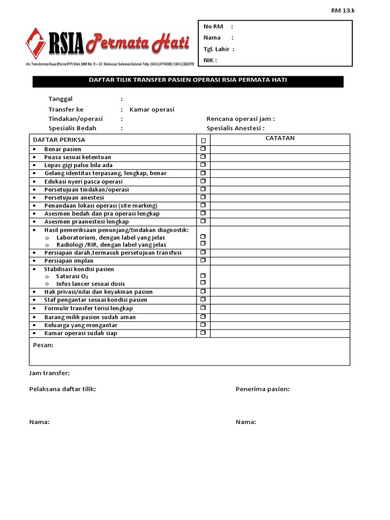 RM 13.k DAFTAR TILIK TRANSFER PASIEN OPERASI | PDF