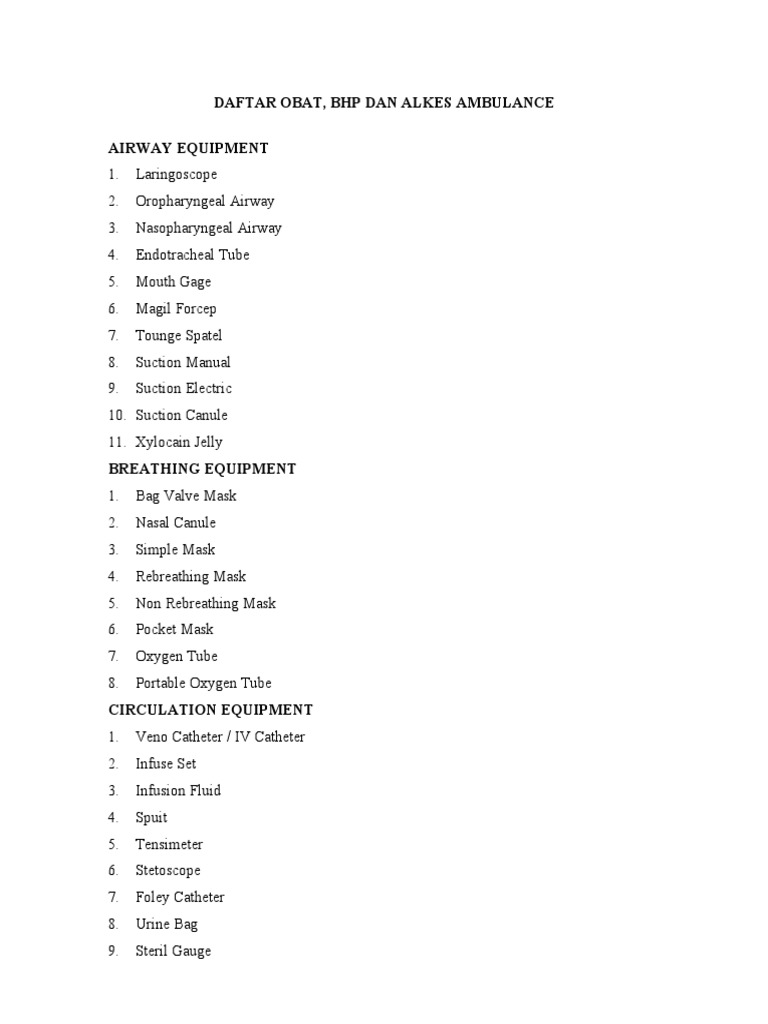 Daftar Obat BHP Dan Alkes Ambulance | PDF