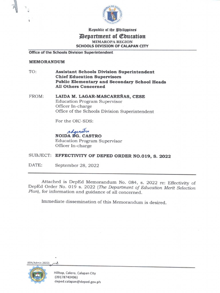 Effectivity of DepEd Order No. 19 S.2022 | PDF