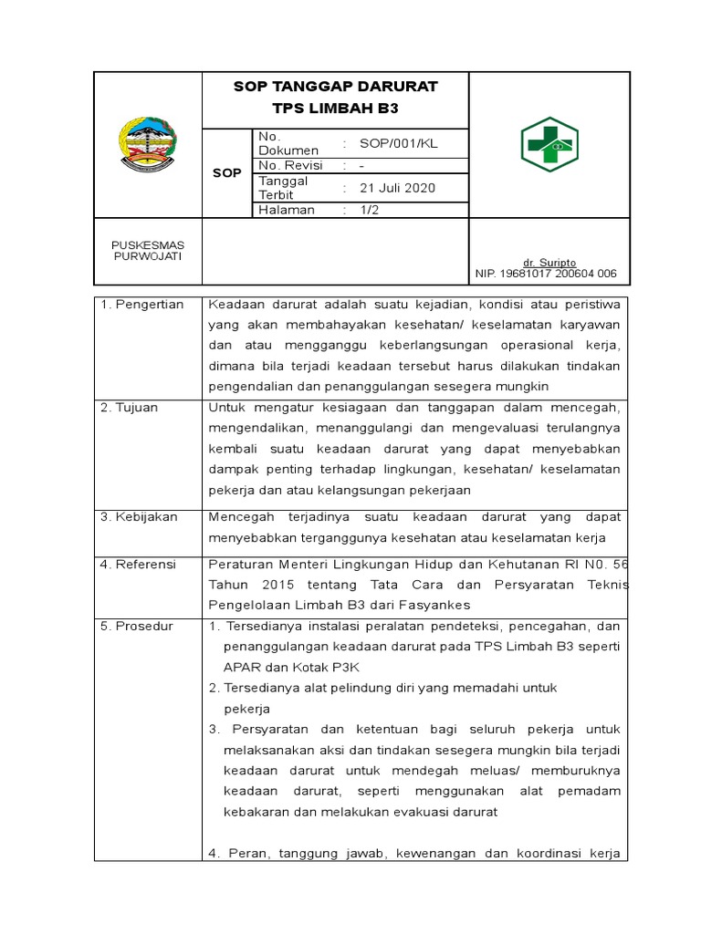 Sop Tanggap Darurat Tps Limbah b3 Jatilawang | PDF