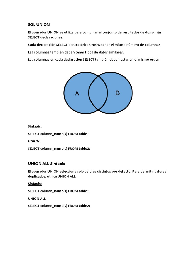 Sintaxis y Tipos de UNION en SQL | PDF | SQL | Datos