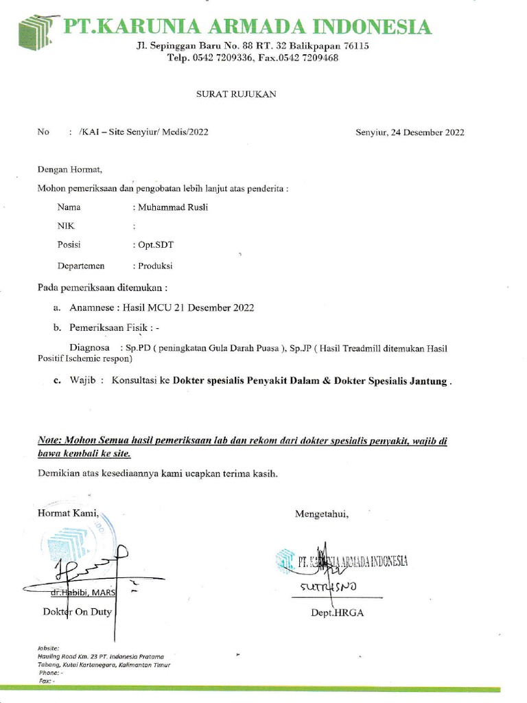 Surat Rujukan FU MCU Muhammad Rusli | PDF