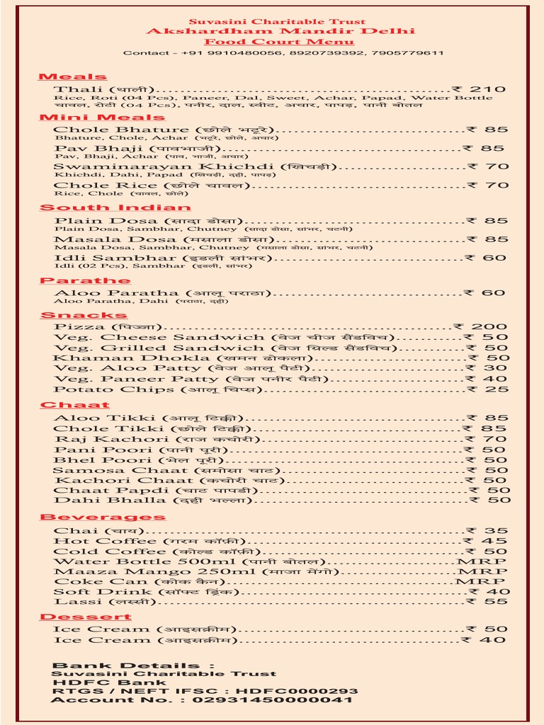 Akshardham Food Court Menu Details | PDF | Cooking, Food & Wine | Home ...