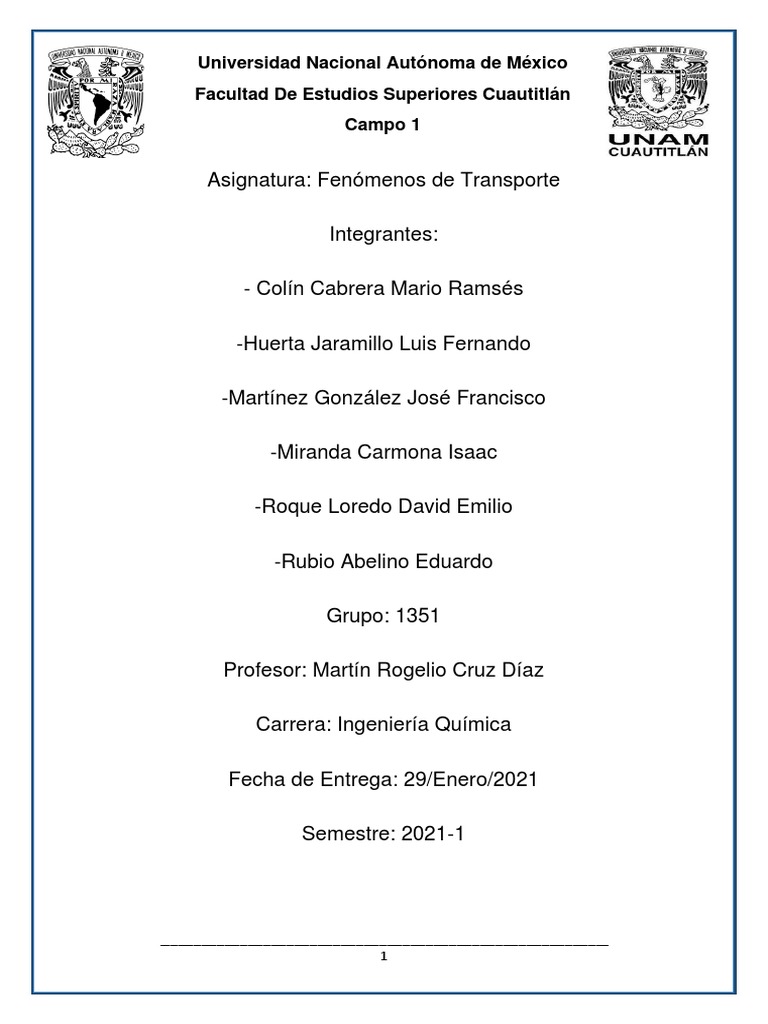 Ejercicio Fenómenos de Transporte - 3E2 (Equipo 2) | PDF | Ecuaciones ...