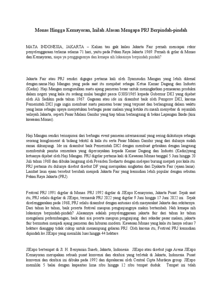 Monas Hingga Kemayoran, Inilah Alasan Mengapa PRJ Berpindah-Pindah | PDF