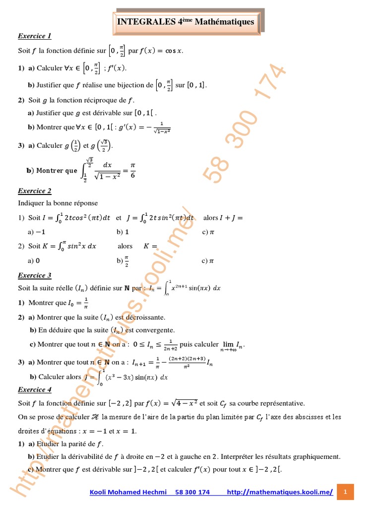 Exercices d'intégrales et de fonctions en mathématiques | PDF ...