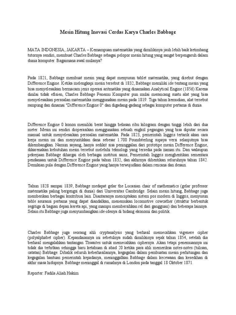 Mesin Hitung Inovasi Cerdas Karya Charles Babbage | PDF | Perjalanan ...