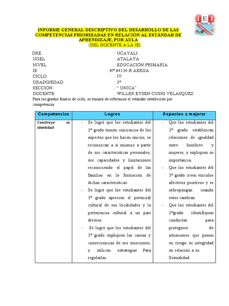 Informe General Descriptivo Del Logro de Las Competencias en Relacion A Los Estandares ...