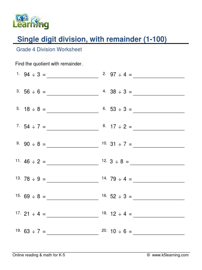 Grade 4 Division Worksheet - Single digit division, with remainder (1 ...