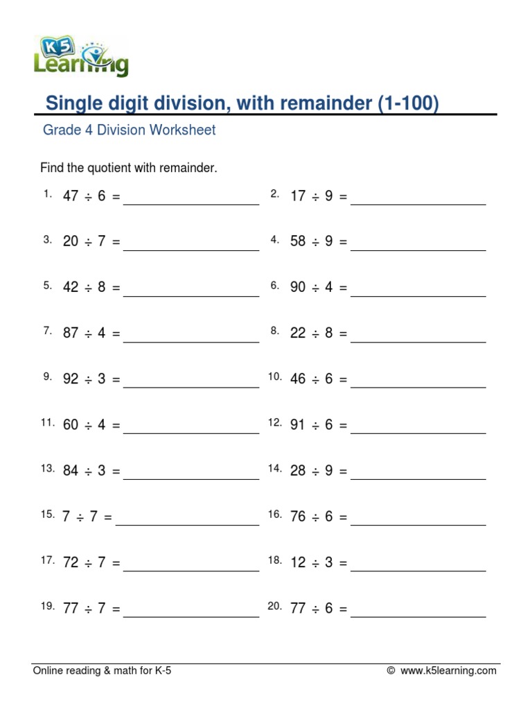 Grade 4 Division Worksheet - Single Digit Division, With Remainder (1 ...