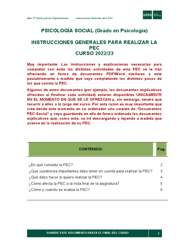 Instrucciones PEC Psicologia Social 2022 23 | PDF | Sicología | Cuestionario