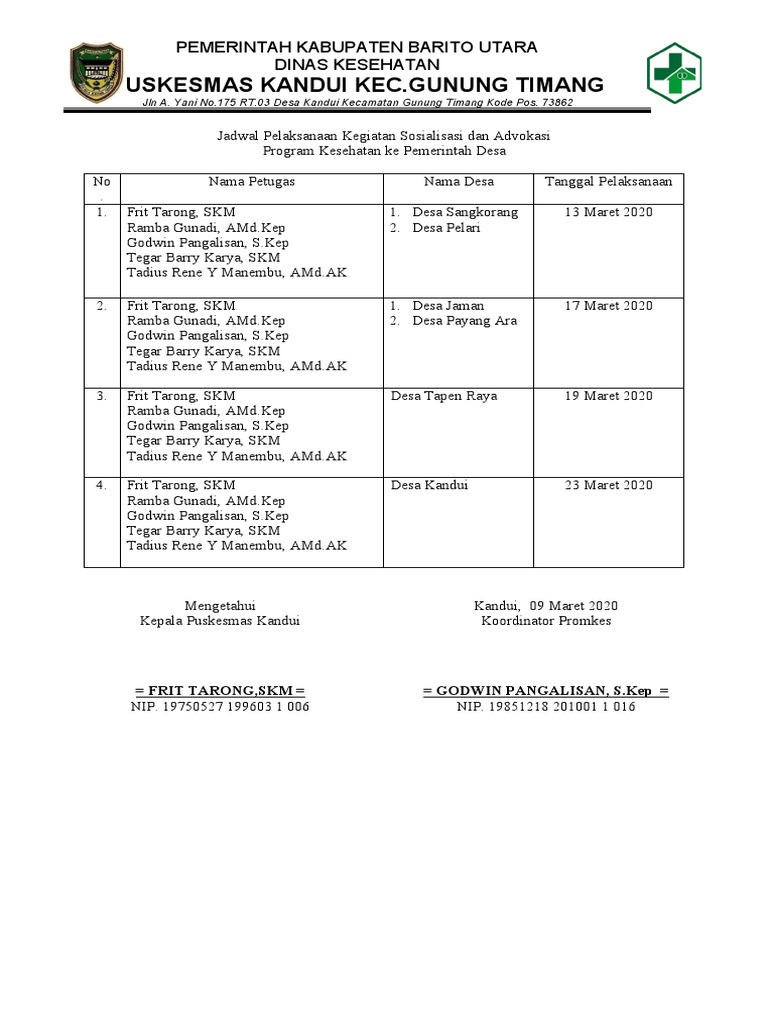 Jadwal Pelaksanaan Kegiatan Sosialisasi Dan Advokasi | PDF