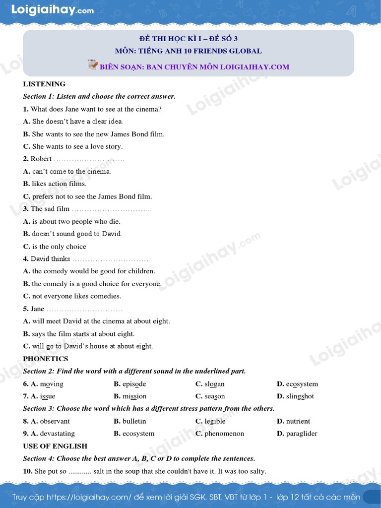 De Thi Hoc Ki 1 Tieng Anh 10 Friends Global de So 3 1669630540 | PDF