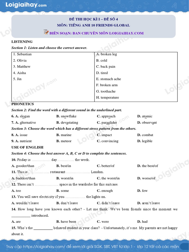 De Thi Hoc Ki 1 Tieng Anh 10 Friends Global de So 4 1669690245 | PDF | Through The Looking Glass