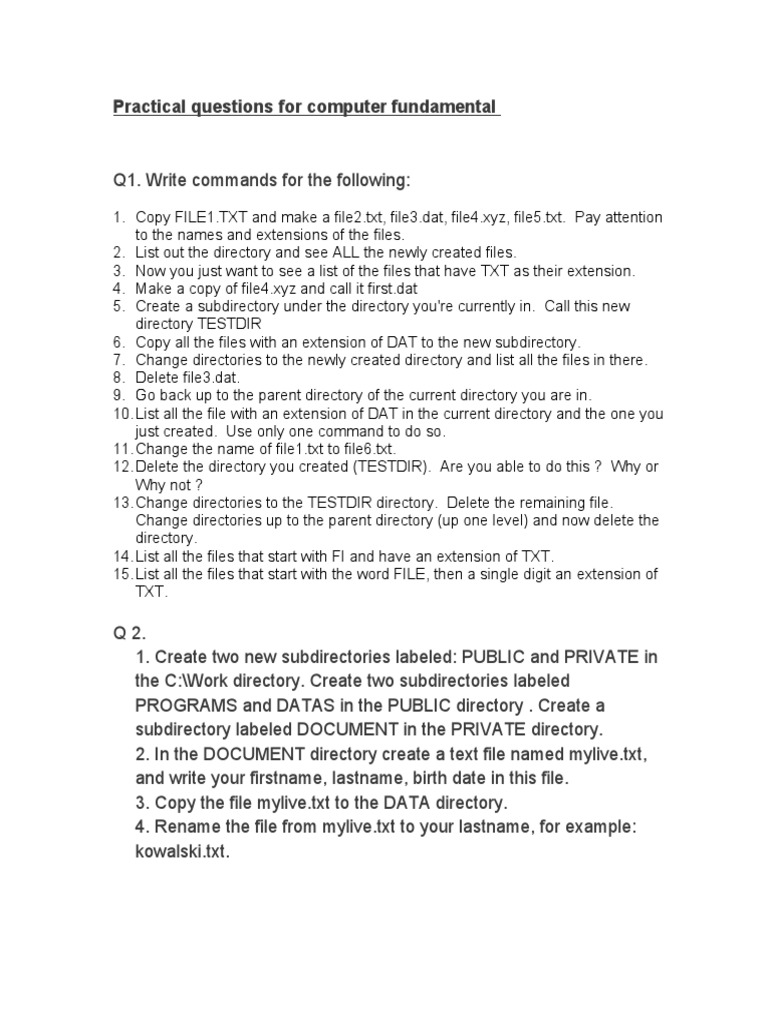 Practical Questions For Computer Fundamental | PDF | Directory (Computing) | Computer File