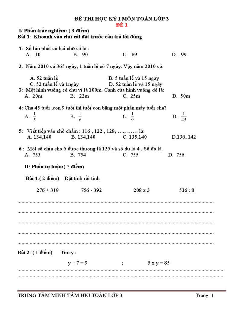 23 Đề Kiểm Tra Cuối Học Kỳ I Môn Toán Lớp 3 (Download Tai Tailieutuoi.com) | PDF
