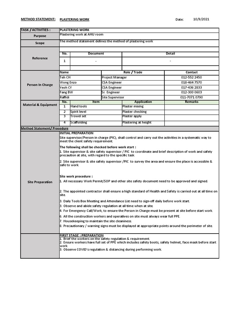 PGAT2 MOS CSA 001 - MOS of Plastering Work | PDF | Personal Protective Equipment | Working ...