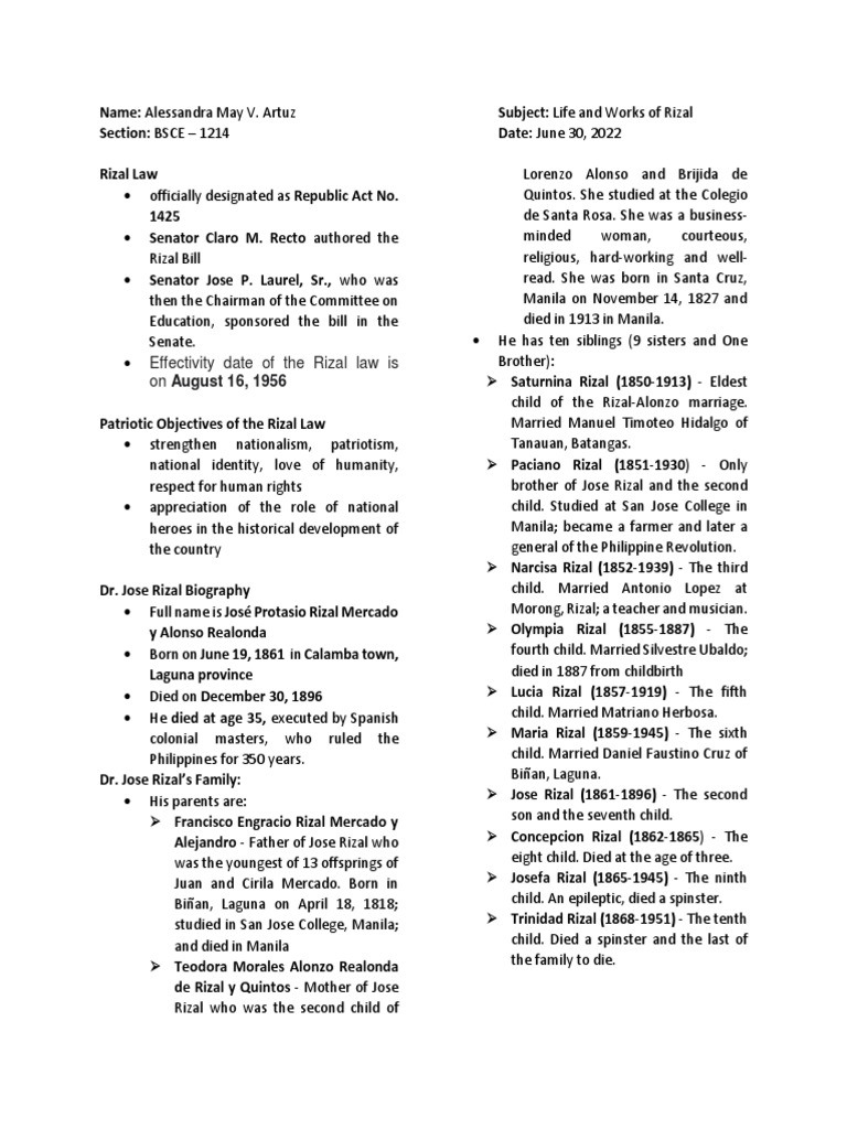 Life and Works of Rizal Activity | PDF | Philippines