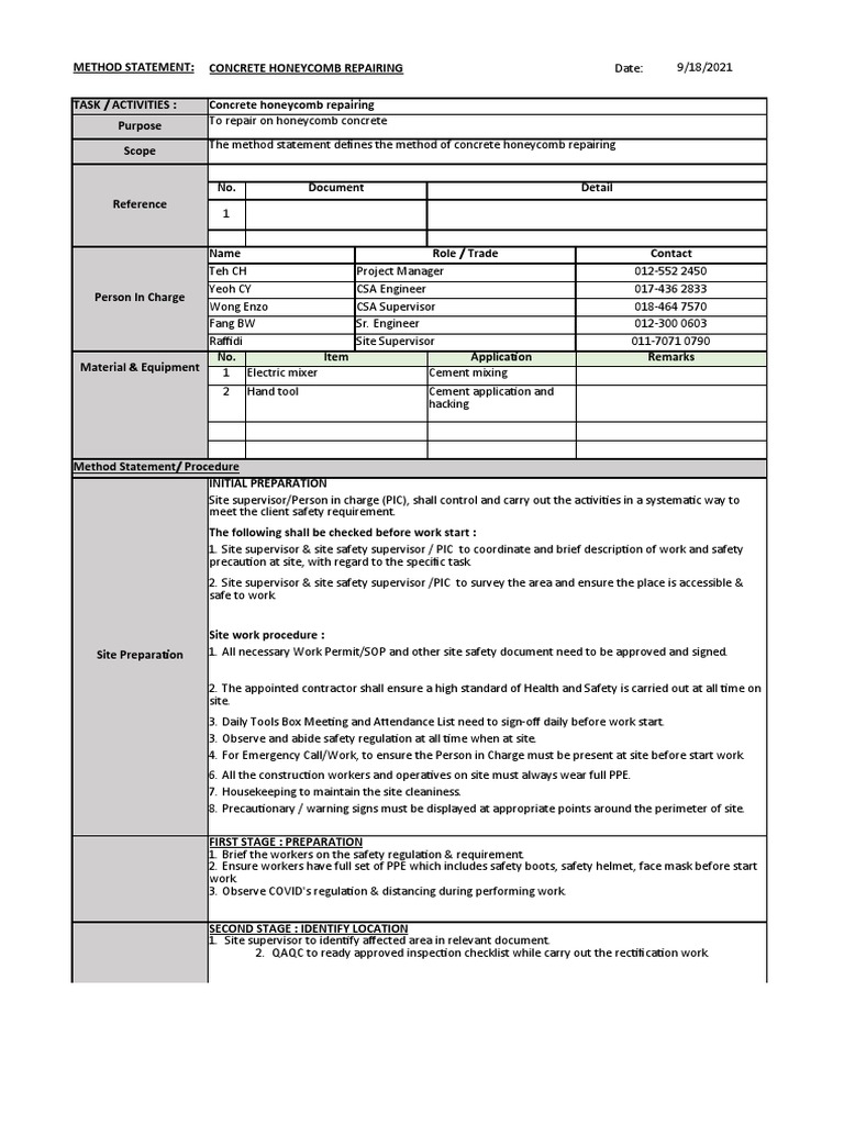 Concrete Honeycomb Repair Method Statement | PDF | Personal Protective Equipment | Labor Relations
