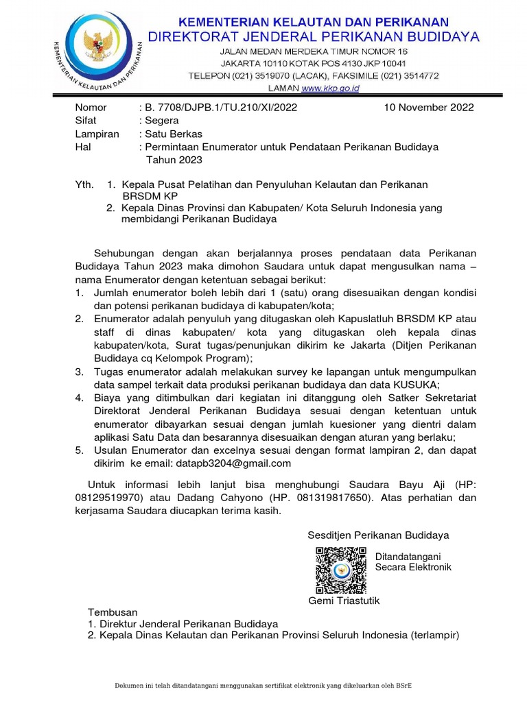 SD. Permintaan Enumerator Untuk Pendataan Perikanan Budidaya Ttde | PDF