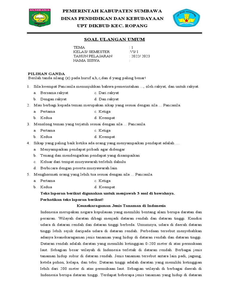 Soal Us Kelas 6 | PDF