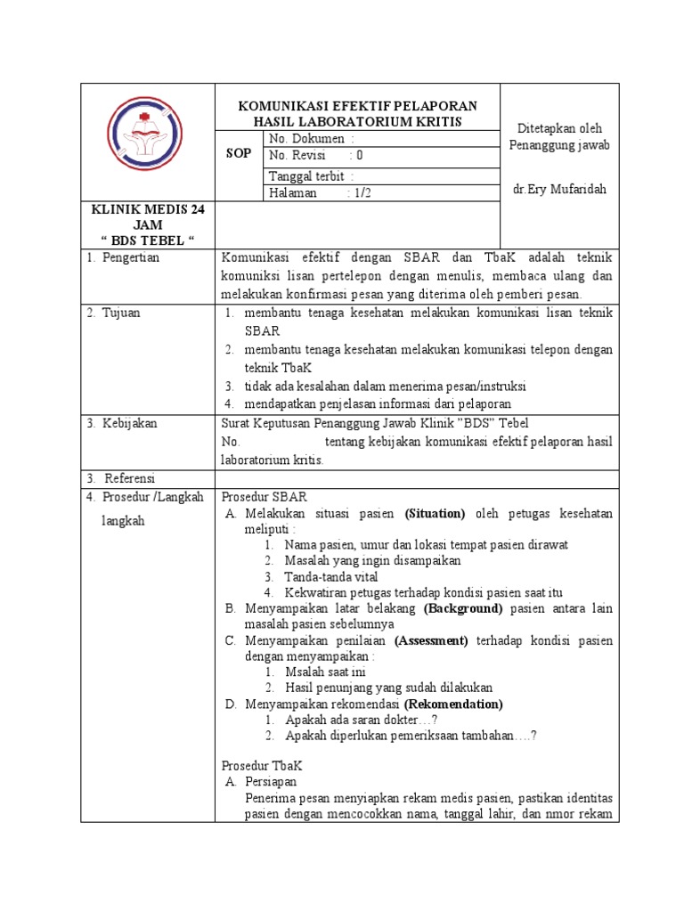 Ep 2.1.2.2 Spo Komunikasi Efektif Pelaporan Hasil Laboratorium Kritis | PDF