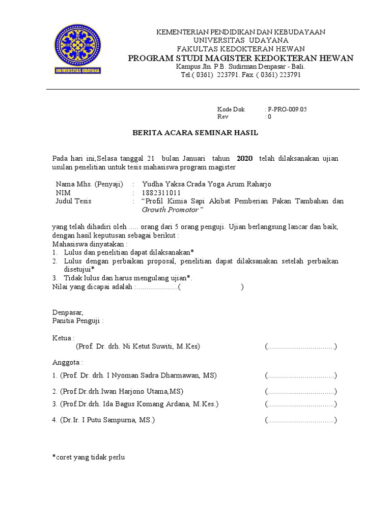 Program Studi Magister Kedokteran Hewan: Berita Acara Seminar Hasil ...