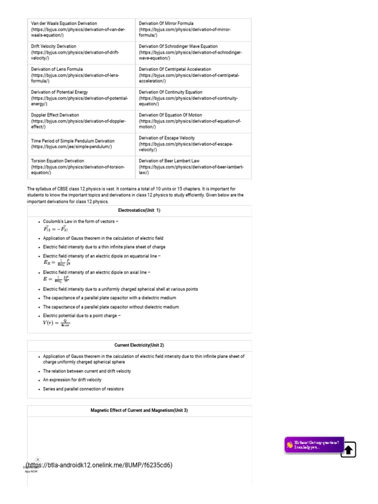 Important Derivations Physics Class 12 CBSE - Chapter Wise | PDF | Magnetic Field | Electric Field