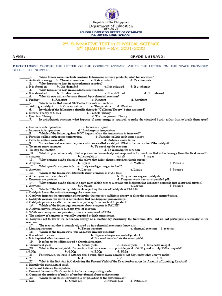 Sum 2, Phy Sci | PDF | Enzyme | Reaction Rate