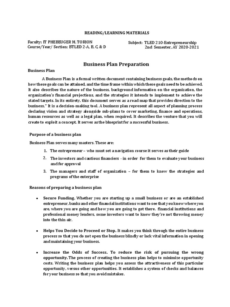 Learning Materials M4L1 Handouts Business Plan | Download Free PDF ...
