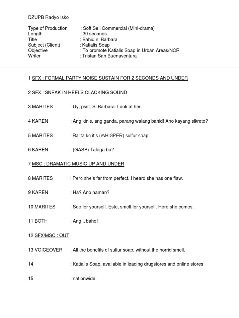 Sample Radio Script (Soft Sell Commercial-Mini Drama) | PDF