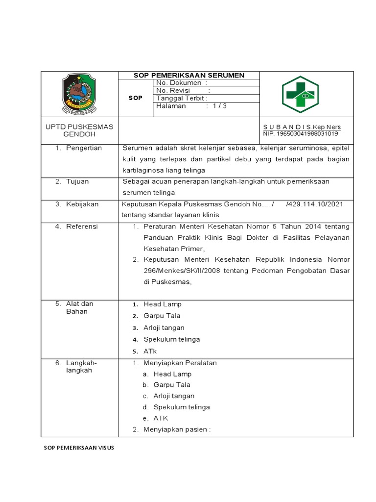 SOP Pemeriksaan Serumen Telinga | PDF | Pengembangan Diri | Kesehatan ...