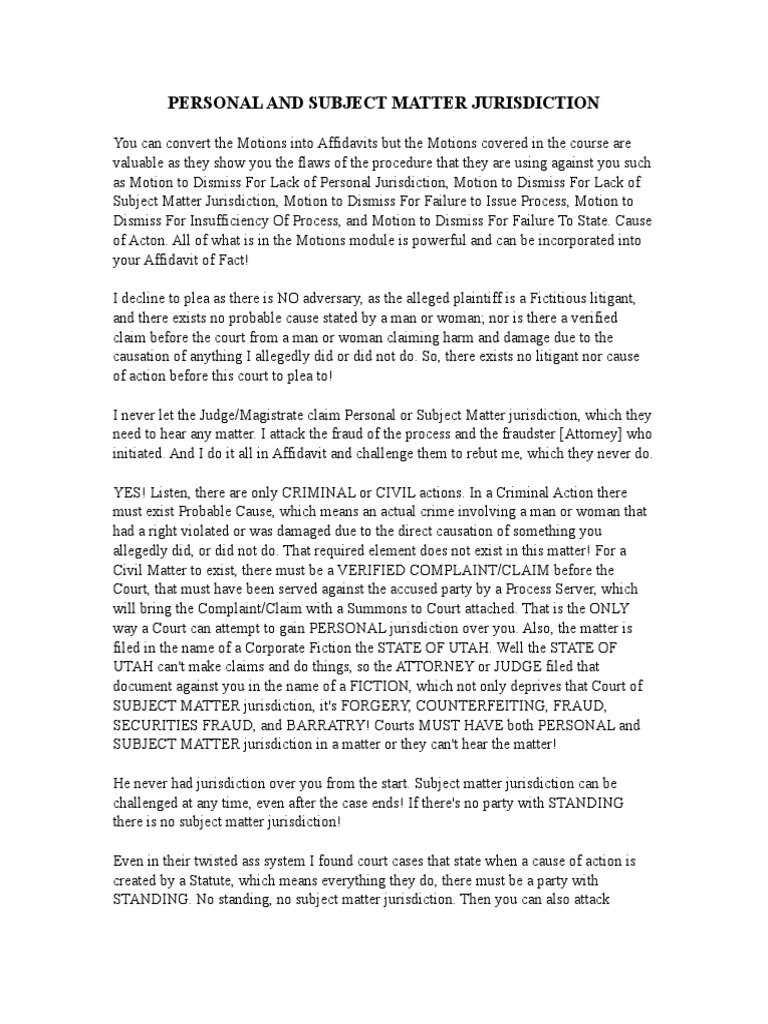 Jurisdiction: Personal vs. Subject Matter | PDF | Lawsuit | Standing (Law)