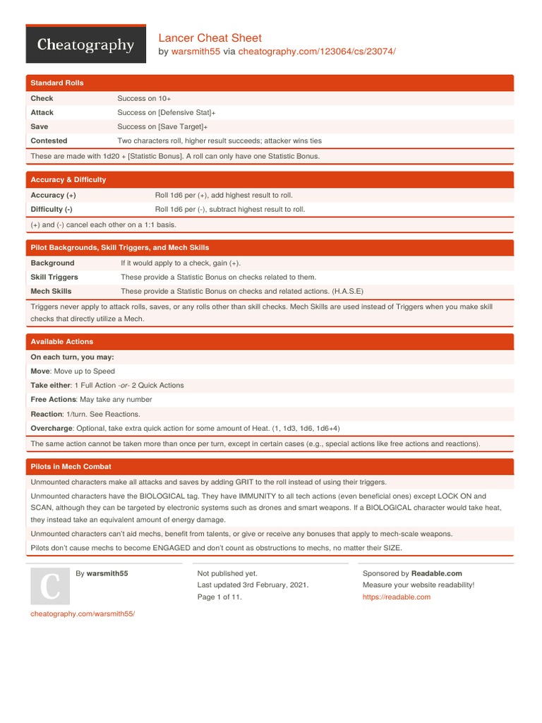 Lancer - Cheat Sheet | Download Free PDF | Tanks | Flight