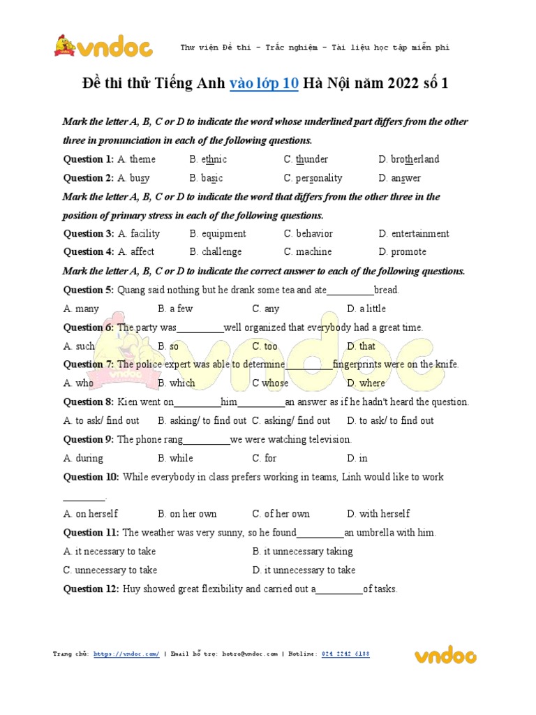 De Thi Thu Tieng Anh Vao Lop 10 Ha Noi Nam 2022 So 1 | PDF | Sleep