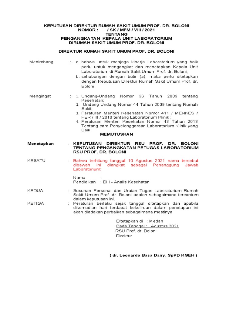 Pengangkatan Kepala Laboratorium RSU Boloni | PDF