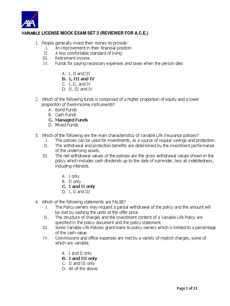 VUL Mock Exam Reviewer Set 2 For ACE With Answers 2 | PDF | Life Insurance | Insurance