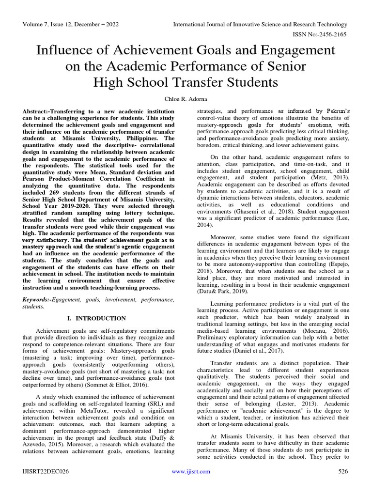 Influence of Achievement Goals and Engagement On The Academic ...