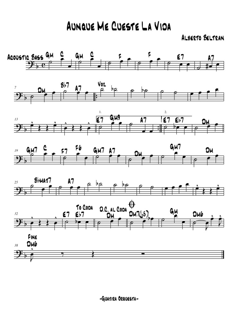 AUNQUE ME CUESTE LA VIDA - Acoustic Bass | PDF