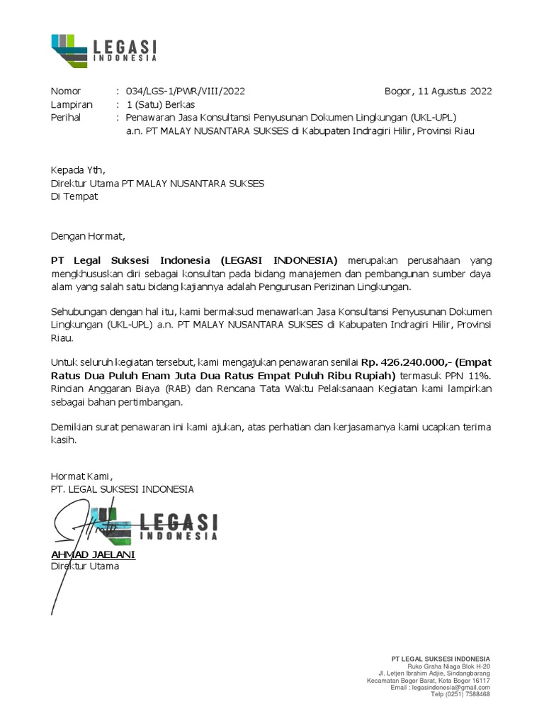 01 - Surat Penawaran Ukl-Upl PT Malay Nusantara Sukses | PDF