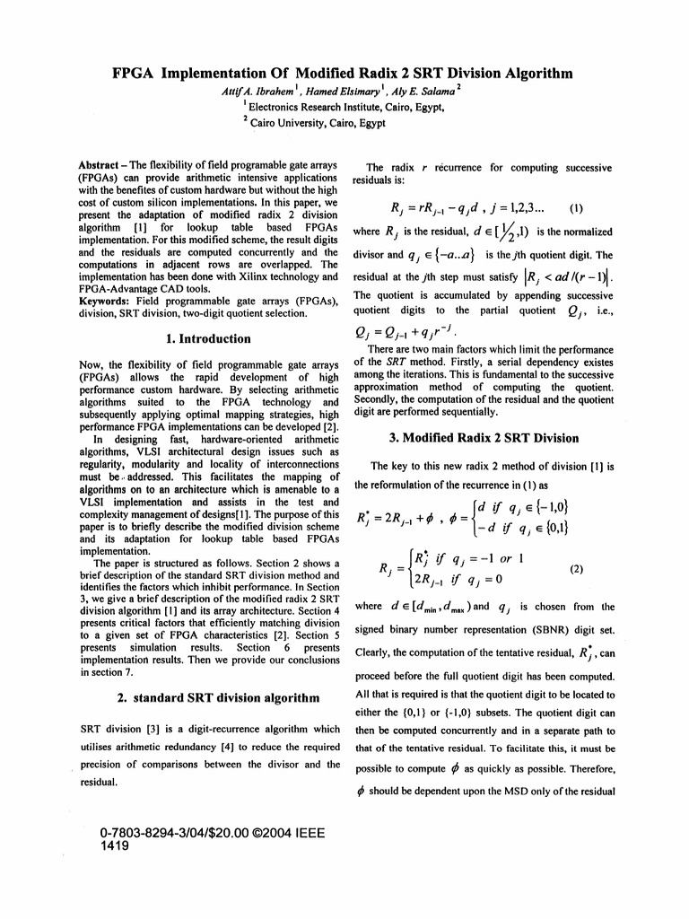 Fpga Implementation of Modified Radix 2 SRT Division Algorithm | PDF | Field Programmable Gate ...