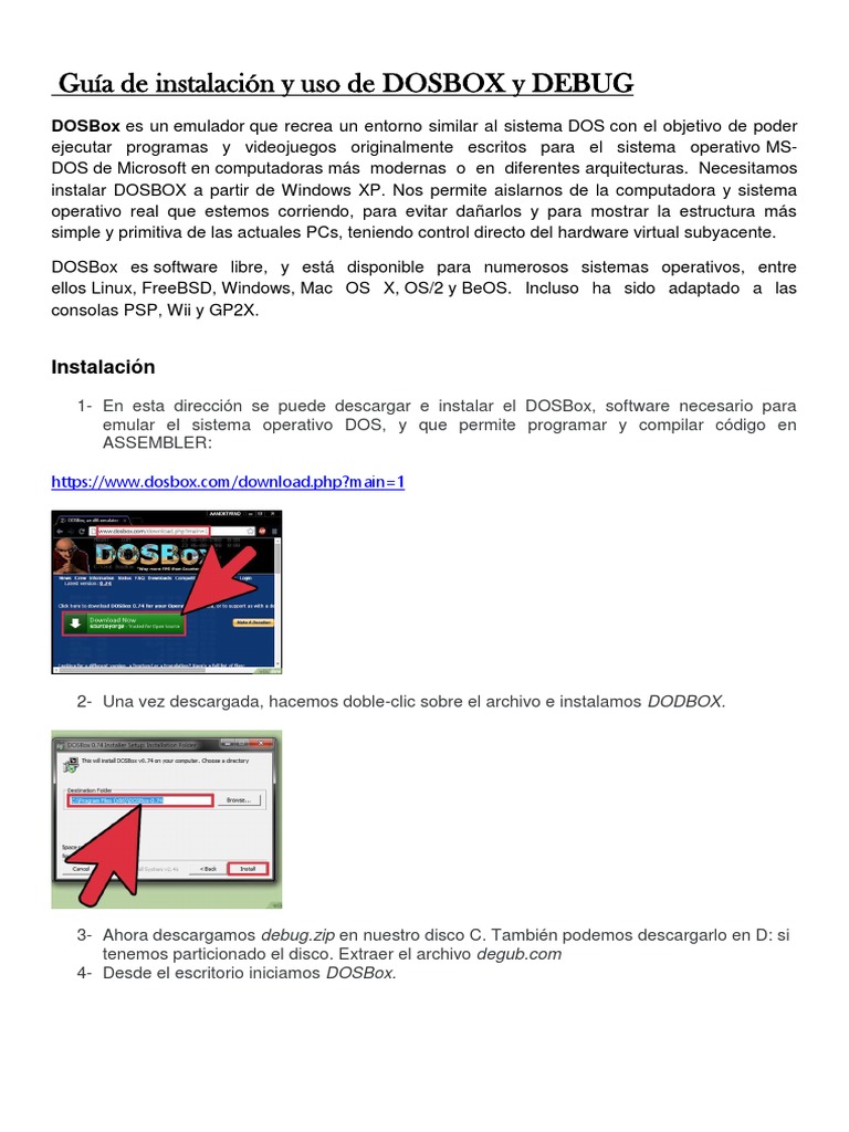 Guía de Instalación y Uso de DOSBOX y DEBUG | PDF | Programación | Programa de computadora