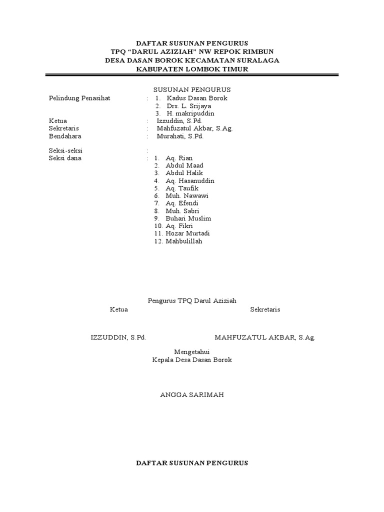Daftar Susunan Pengurus | PDF