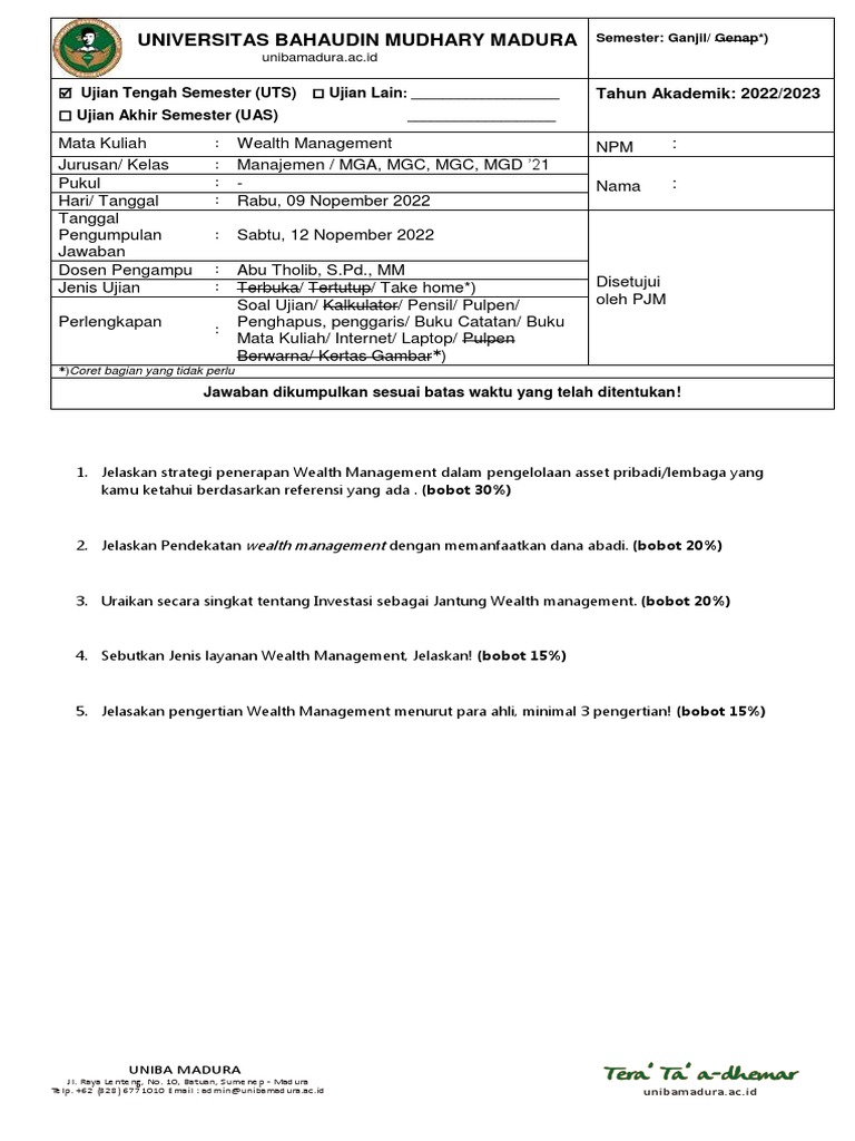 SOAL UTS Wealth Management Semester Ganjil TA 2022-2023 | PDF