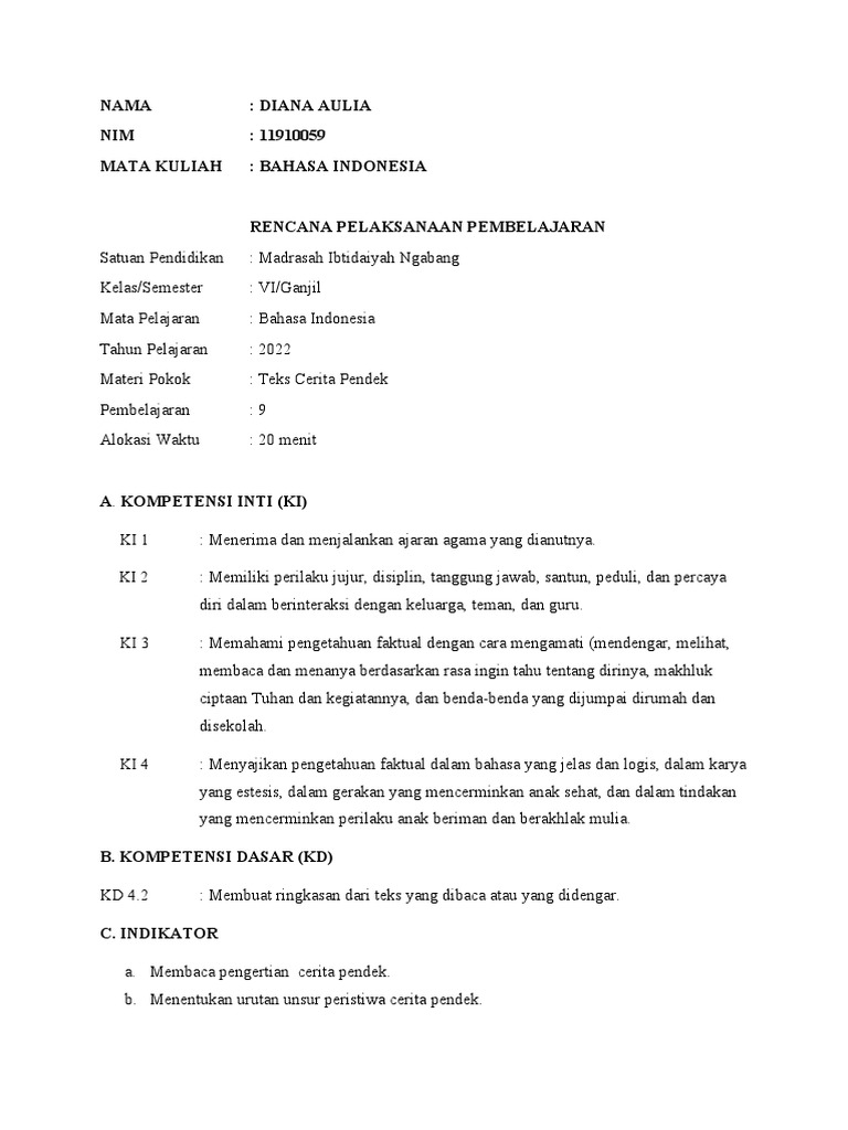 Revisi RPP B. Indonesia Diana Aulia | PDF