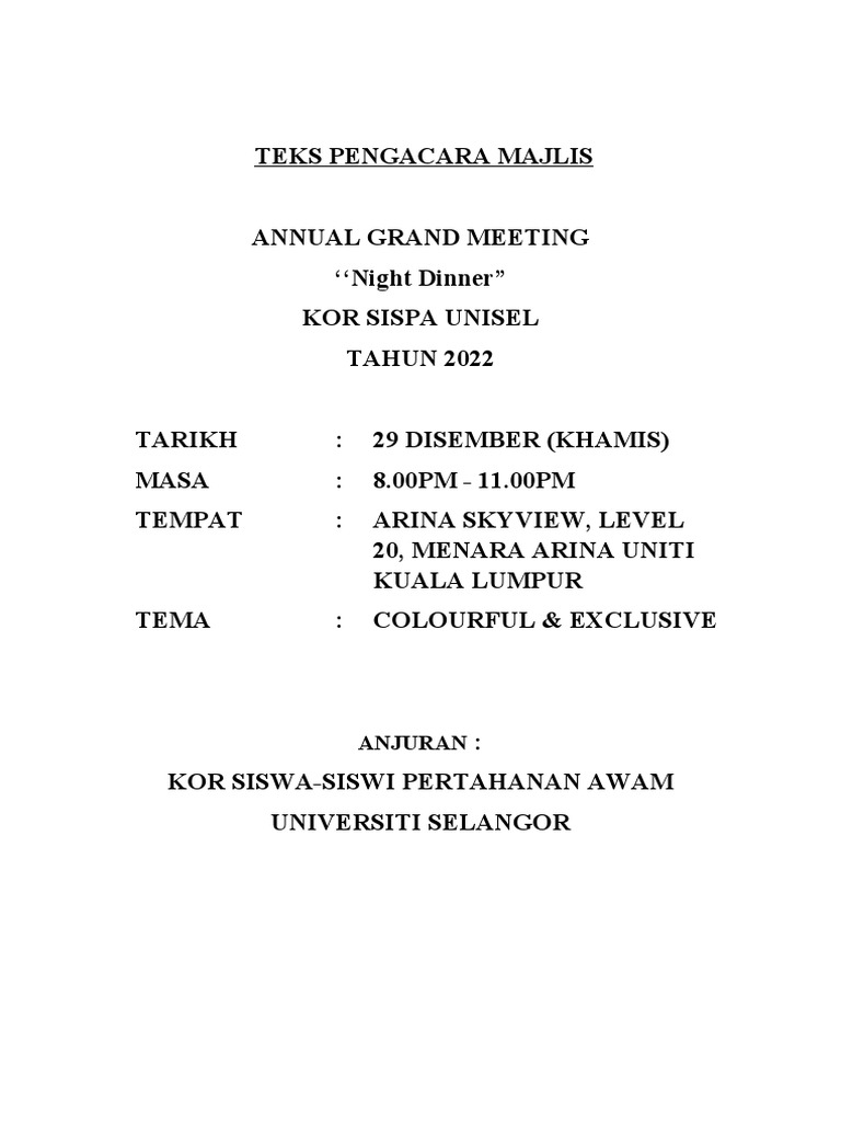 Skrip Emcee Untuk Agm Night Dinner 2022 | PDF