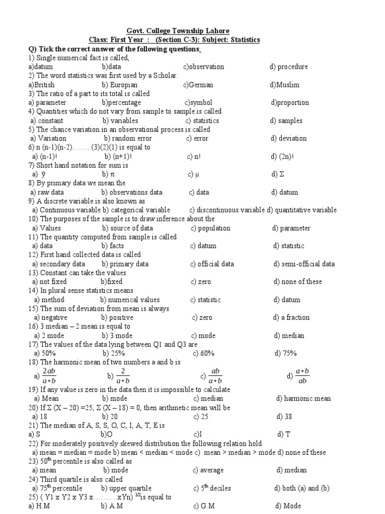 Quiz Test of First and Third Chapter | PDF | Mean | Mode (Statistics)