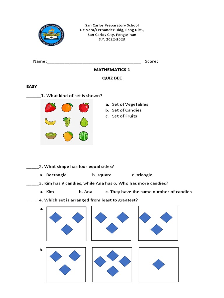 Math 1 Quiz Bee Answer Key Pdf Elementary Geometry Elementary