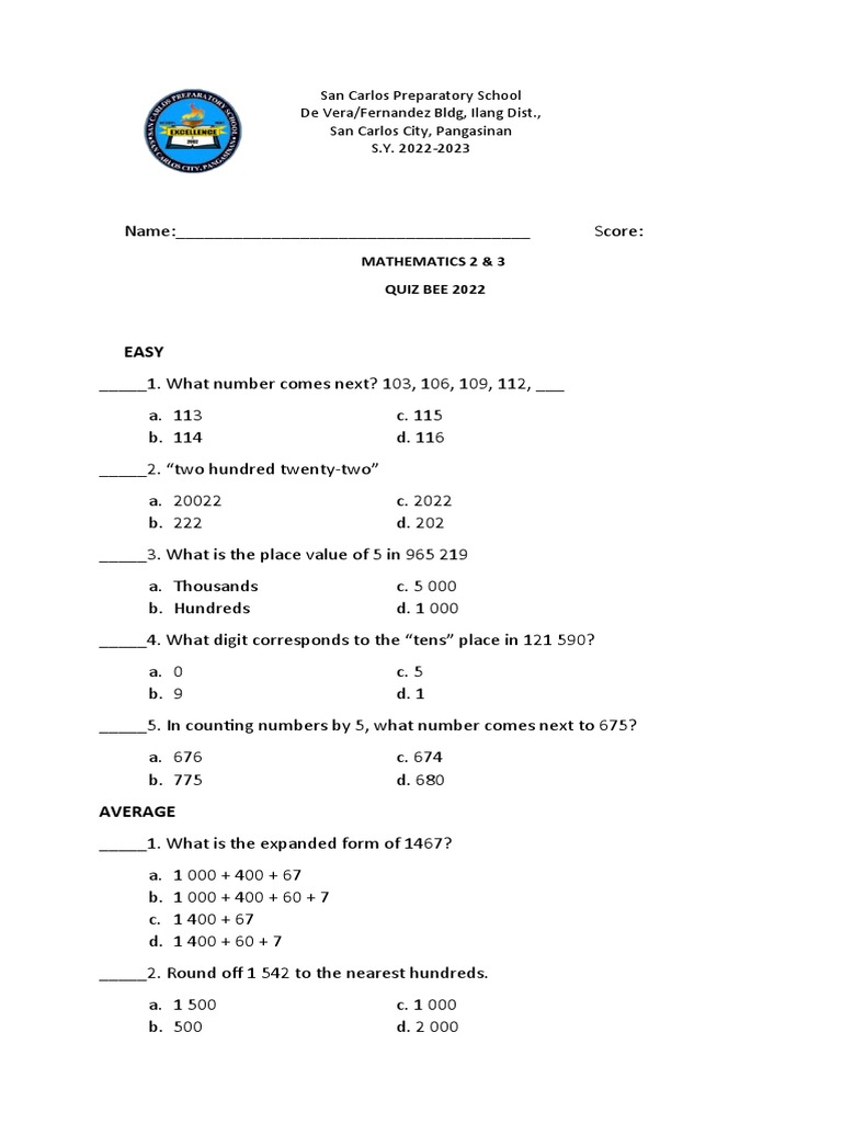 Math 2 and 3 Quiz Bee Answer Key | PDF | Naming Conventions | Mathematical Notation