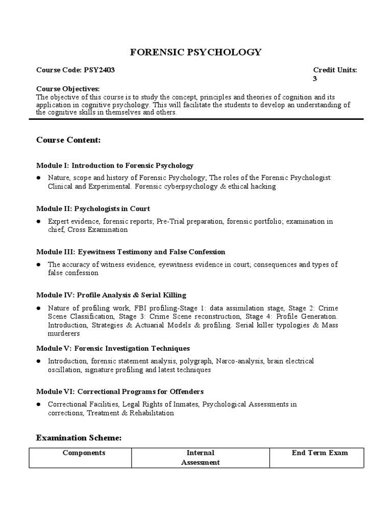 Forensic Psychology (Syllabus) | PDF | Forensic Science | Psychology